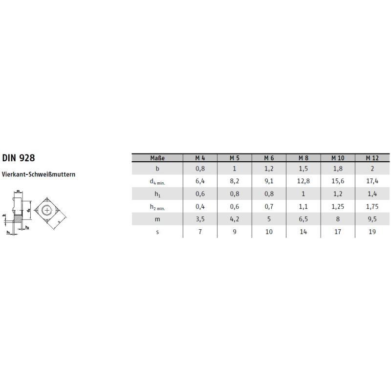 DIN 928 Vierkant-Schweißmuttern, Stahl M 8