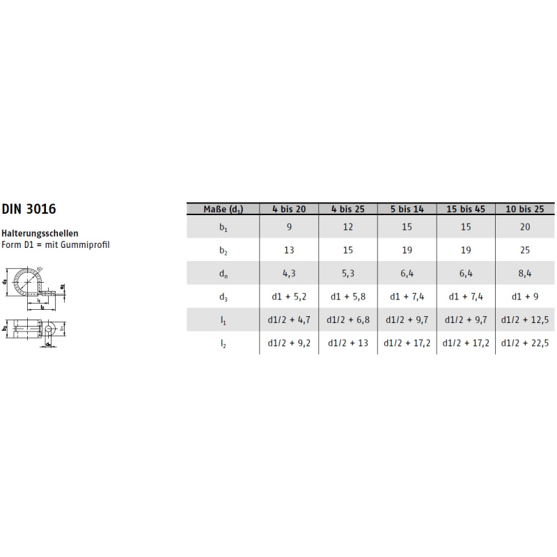 DIN 3016 Halterungsschellen, St. 12x15-W1,verz.m.Gummip.