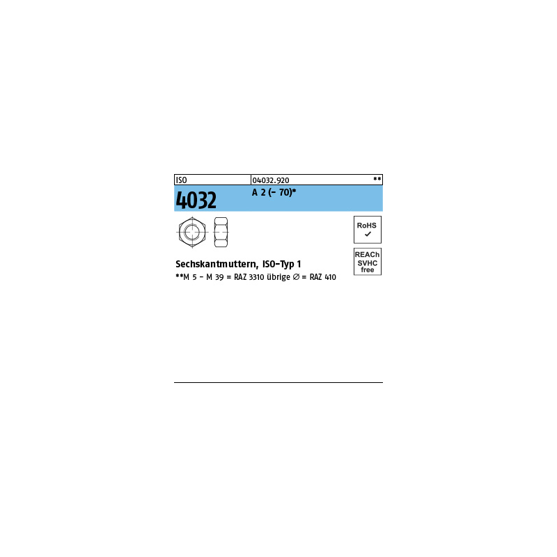 ISO 4032 Sechskantmuttern, A 2 -70 M 10 A 2