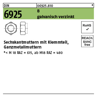 DIN 6925 Sechskantmuttern, 8 M 6 galv. verzinkt gal Zn