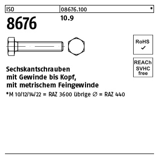 ISO 8676 6kt. Schraube m. Feingewinde, 10.9 M 14x1,5x60