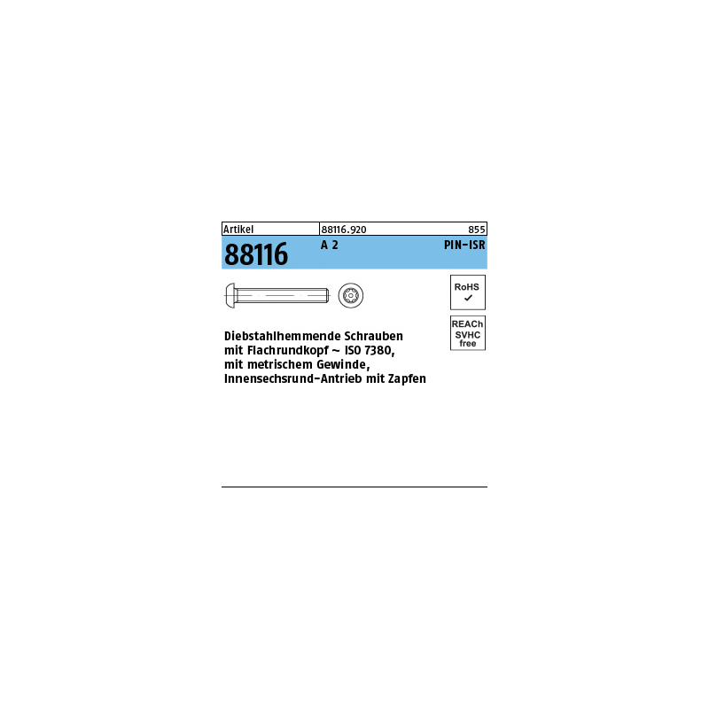 Diebstahlhem.Schrauben (I7380) A2 M8x20 PIN-ISR T40